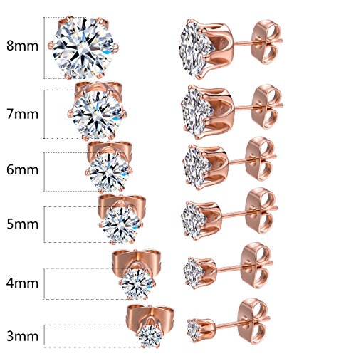 MDFUN 18K Rose Gold Plated Round Clear Cubic Zirconia Stud Earring Pack of 6 Pairs (6 Pairs)