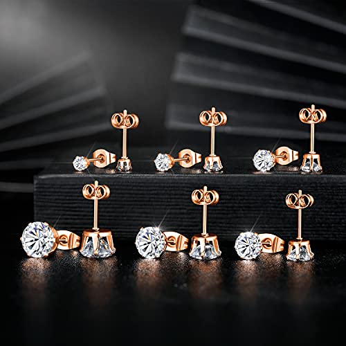 MDFUN 18K Rose Gold Plated Round Clear Cubic Zirconia Stud Earring Pack of 6 Pairs (6 Pairs)