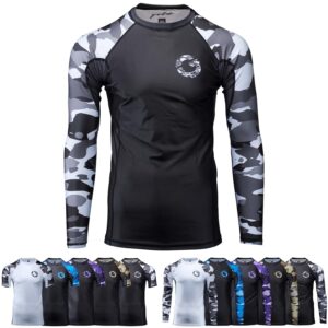 gold bjj jiu jitsu rashguard - camo long sleeve rash guard compression shirt for no-gi, gi, & mma (black camo, m)