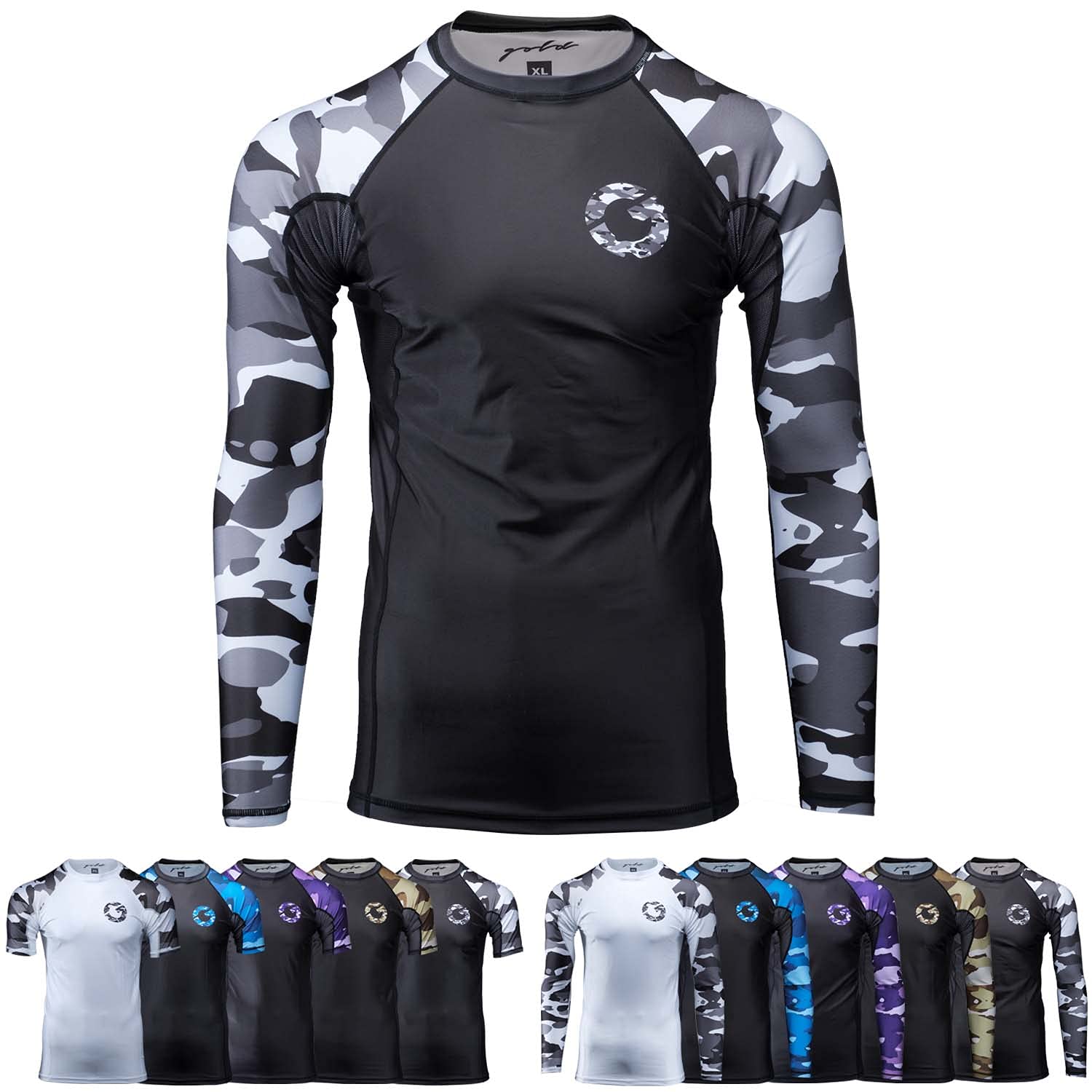 Gold BJJ Jiu Jitsu Rashguard - Camo Long Sleeve Rash Guard Compression Shirt for No-Gi, Gi, & MMA (Black Camo, M)