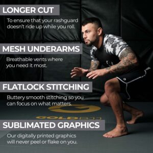 Gold BJJ Jiu Jitsu Rashguard - Camo Long Sleeve Rash Guard Compression Shirt for No-Gi, Gi, & MMA (Black Camo, M)