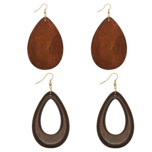 wowanoo 2pcs wood earrings natural wooden teardrop earrings geometric lightweight drop earrings for women drobrown