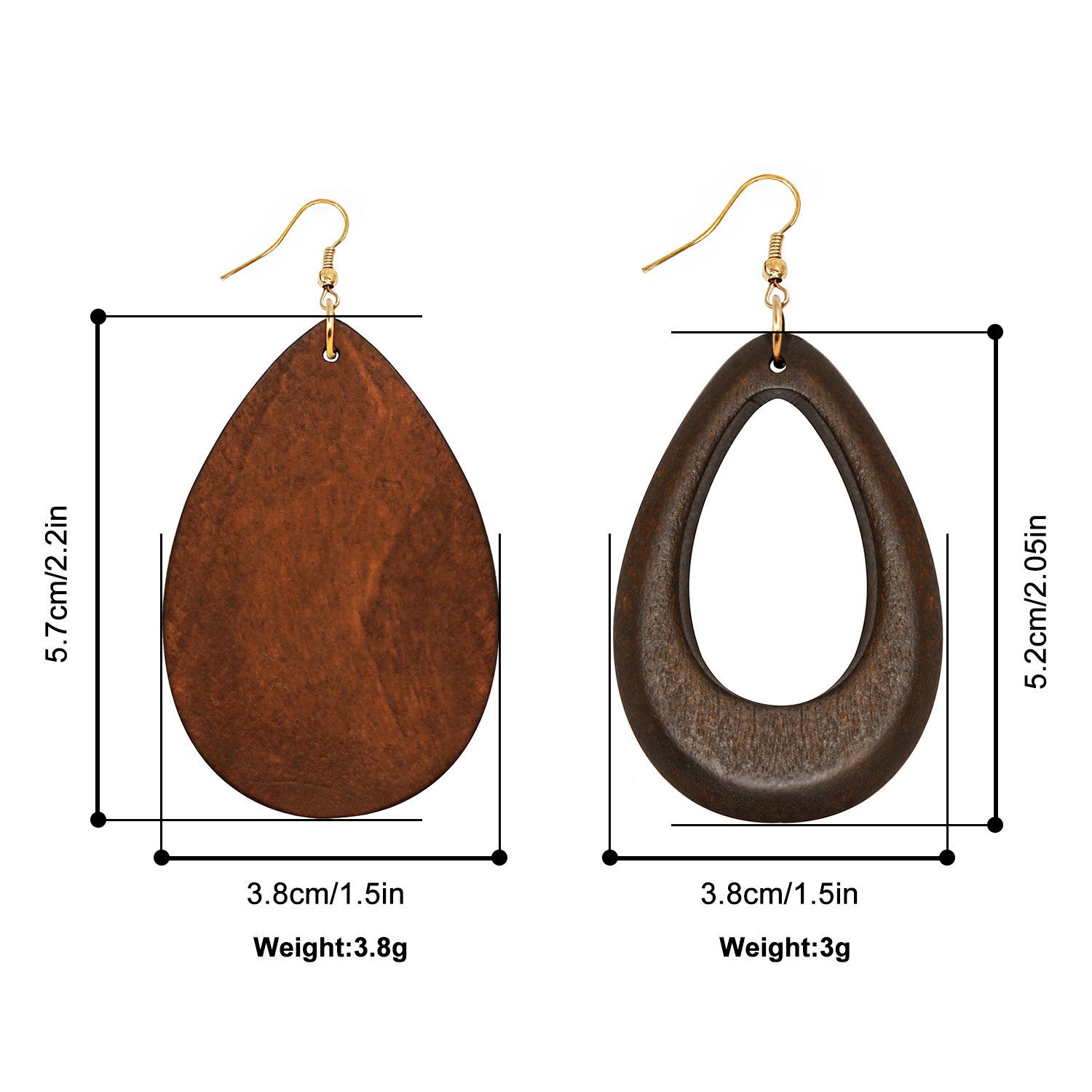 Wowanoo 2pcs Wood Earrings Natural Wooden Teardrop Earrings Geometric Lightweight Drop Earrings for Women DroBrown