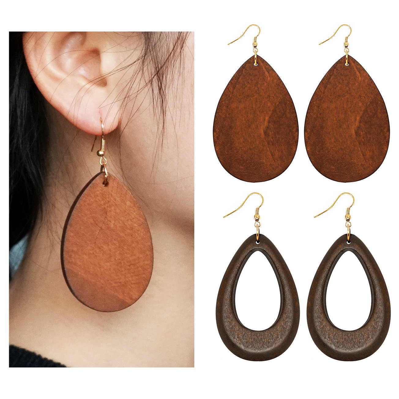 Wowanoo 2pcs Wood Earrings Natural Wooden Teardrop Earrings Geometric Lightweight Drop Earrings for Women DroBrown