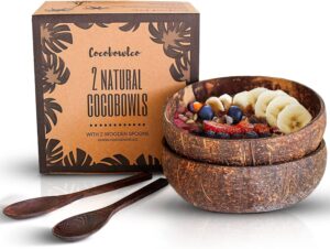 cocobowlco coconut bowl & wooden spoons bowl set - birthday gifts for women - coconut bowls for eco friendly kitchen decor, acai bowls & smoothie bowls (2, natural)