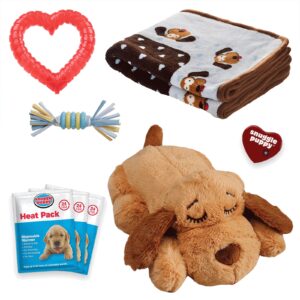 original snuggle puppy starter kit with snuggle puppy included. starter kit for anxiety relief and calming aid. biscuit coloured puppy included and blue toy.