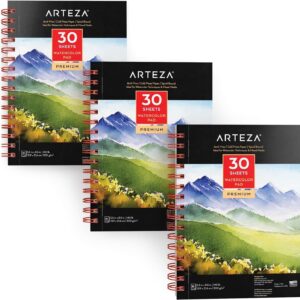 arteza watercolor paper, pack of 3, 30 sheets each, 5.5x8.5 inches watercolor pad, 140lb/300gsm, cold press, acid free art paper