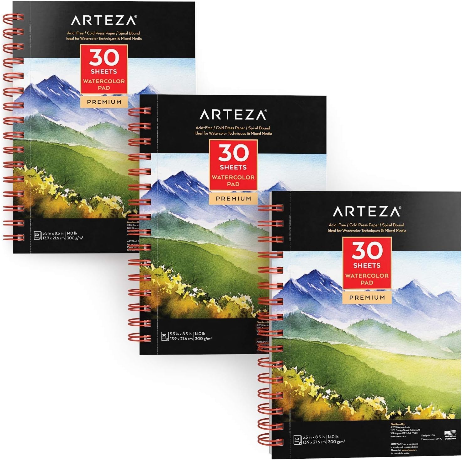 ARTEZA Watercolor Paper, Pack of 3, 30 Sheets Each, 5.5x8.5 Inches Watercolor Pad, 140lb/300gsm, Cold Press, Acid Free Art Paper