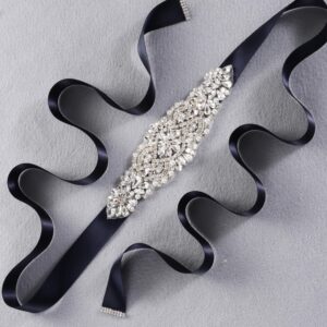 yanstar Silver Crystal Beads Rhinestone Wedding Bridal Belt Sash With Navy Ribbon For Wedding Dress