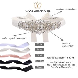 yanstar Silver Crystal Beads Rhinestone Wedding Bridal Belt Sash With Navy Ribbon For Wedding Dress