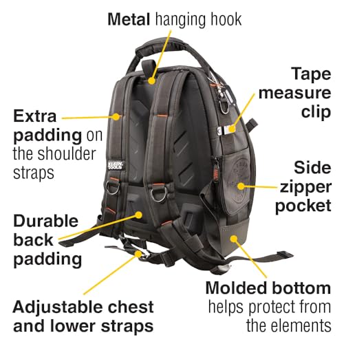 Klein Tools 55485 Tool Bag Backpack, Durable Electrician Backpack with 48 Pockets for Hand Tools, Waterproof Bottom, Removable Tool Carrier