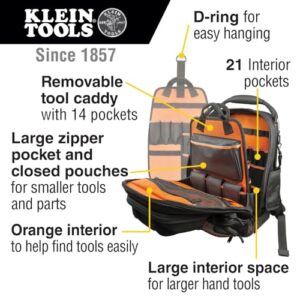 Klein Tools 55485 Tool Bag Backpack, Durable Electrician Backpack with 48 Pockets for Hand Tools, Waterproof Bottom, Removable Tool Carrier