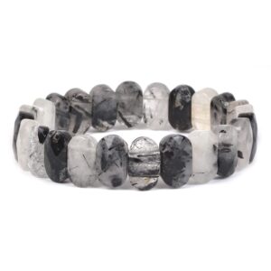 black tourmaline rutilated quartz gemstone faceted 14mm oval beads stretch bracelet 7 inch unisex