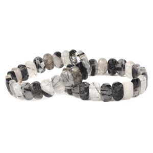 Black Tourmaline Rutilated Quartz Gemstone Faceted 14mm Oval Beads Stretch Bracelet 7 Inch Unisex