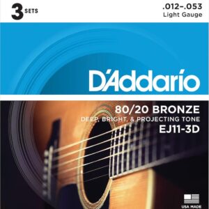 D'Addario EJ11-3D Acoustic Strings 80/20 Bronze 12-53 Light 3-Pack