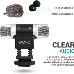 Movo VXR3000 Universal Stereo Microphone with Foam and Furry Windscreens and Travel Case - for iPhone and Android Smartphones, Canon EOS Nikon DSLR, and Action Cameras