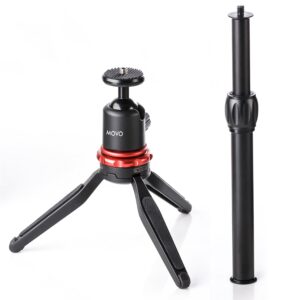 movo universal mini camera tripod with extendable pole (mv-t1) adjustable head, heavy-duty aluminum travel stand for dslr, mirrorless, gopro, smartphones, compact, portable