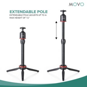 Movo Universal Mini Camera Tripod with Extendable Pole (MV-T1) Adjustable Head, Heavy-Duty Aluminum Travel Stand for DSLR, Mirrorless, GoPro, Smartphones, Compact, Portable