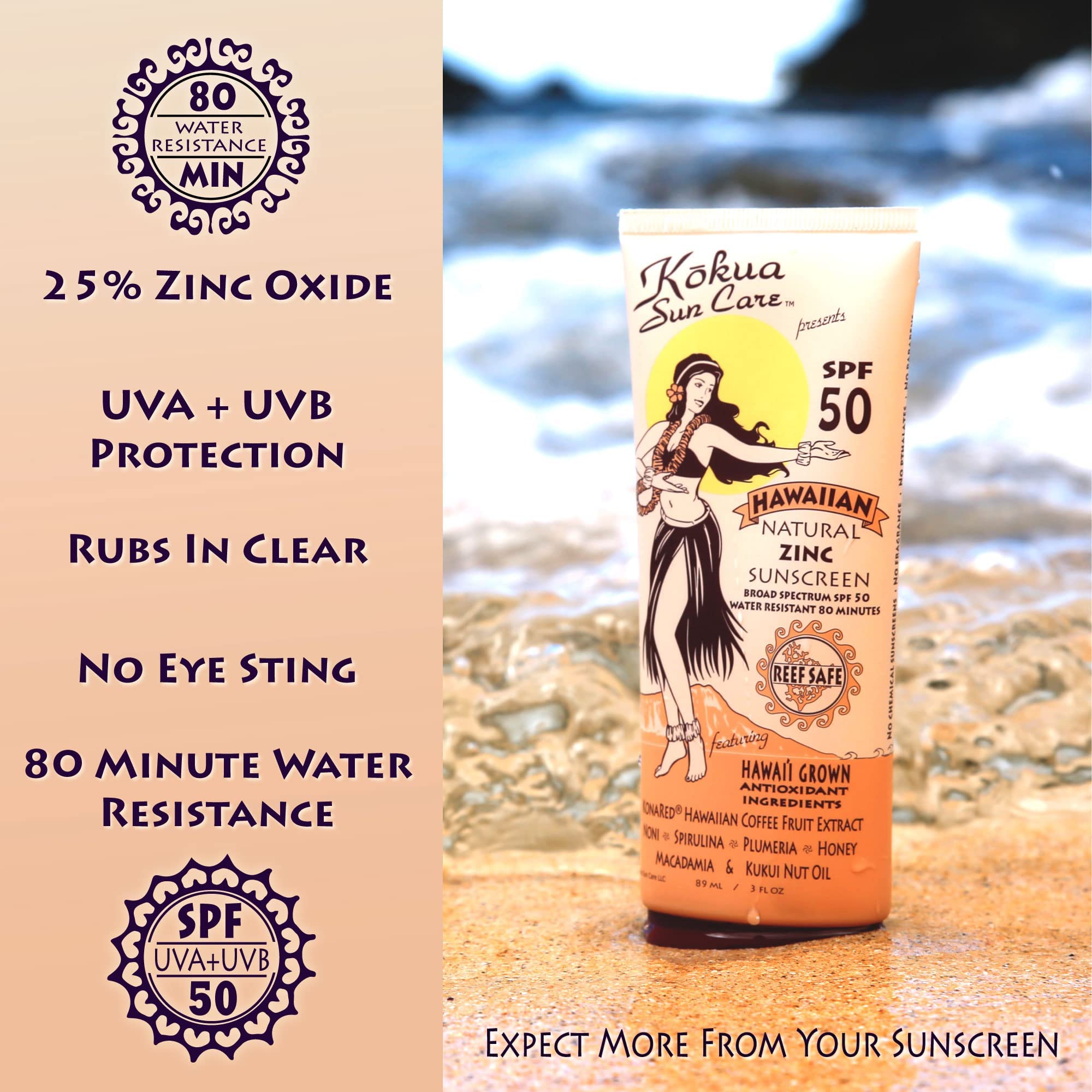 Kokua Sun Care SPF 50/80 Lotion Hawaiian Reef Safe Non Nano Zinc Oxide Sunscreen for Face & Body, Moisturizing Sun Protection Cream, Mineral Water Resistance, Cruelty Free, Natural Vegan Formula