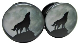 pierced republic wolf howling at the moon ear plugs - acrylic - screw-on - new *pair* - 8 sizes (2 gauge (6mm))