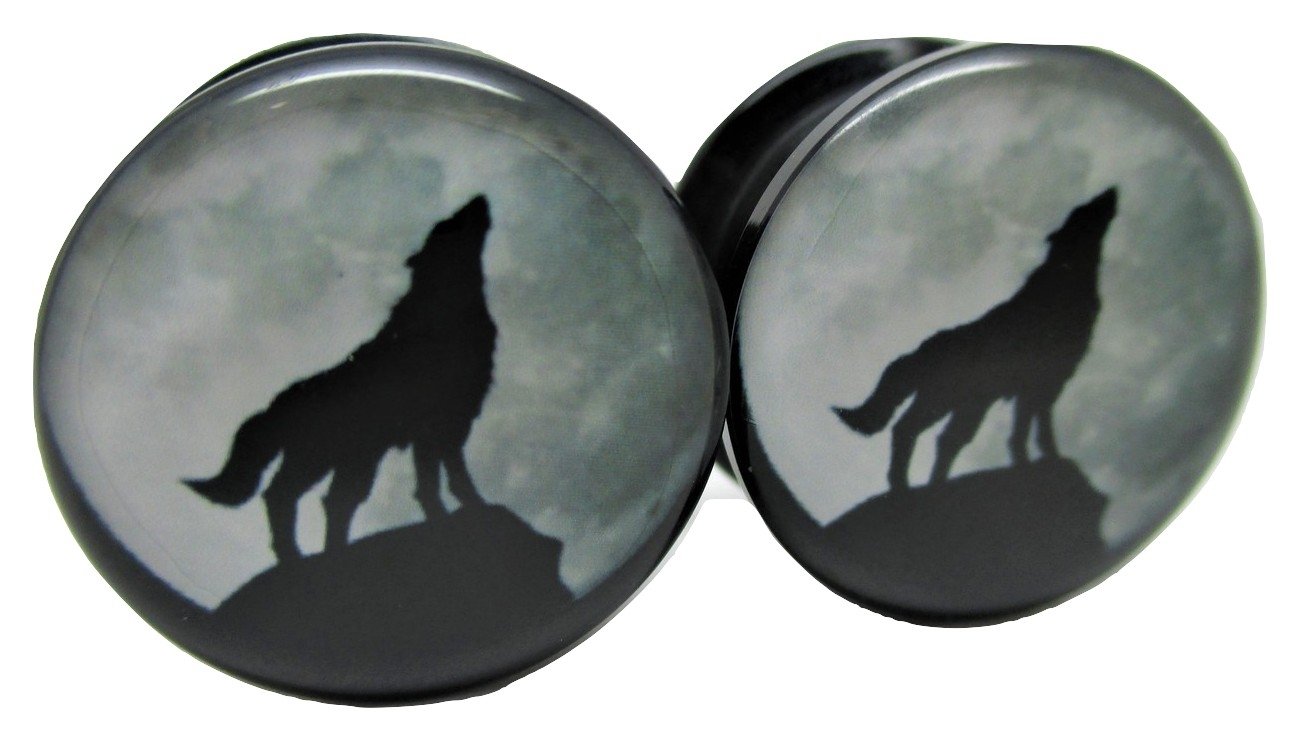 Pierced Republic Wolf Howling at The Moon Ear Plugs - Acrylic - Screw-On - New *Pair* - 8 Sizes (2 Gauge (6mm))