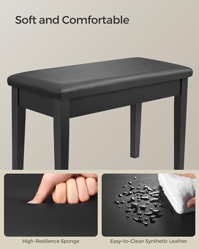 SONGMICS Duet Piano Bench with Padded Cushion and Storage Compartment, Piano Chair Seat, 13.4 x 29.1 x 19.7 Inches, Ink Black ULPB75BK