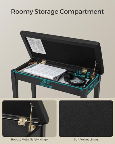 SONGMICS Duet Piano Bench with Padded Cushion and Storage Compartment, Piano Chair Seat, 13.4 x 29.1 x 19.7 Inches, Ink Black ULPB75BK