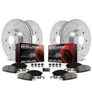 power stop k7028 front and rear z23 carbon fiber brake pads with drilled and slotted brake rotors brake kit for subaru legacy 3.6r outback wrx