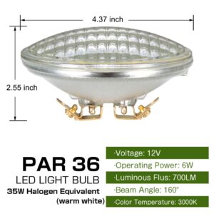 Haian Support PAR36 LED Landscape Bulb, 6W(50W Halogen Equivalent), 12V Low Voltage Tractor Light, 6W 700LM - 3000K Warm White - 12V AC/DC - 4 Pack