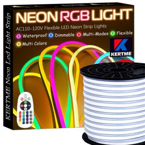 kertme neon led type ac 110-120v led neon light strip, flexible/waterproof/dimmable/multi-colors/multi-modes led rope light + 24 keys remote for home/garden/building decoration (98.4ft/30m, rgb)