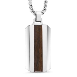 dog tag necklace - tungsten with walnut veneer inlay on 3mm stainless steel box chain