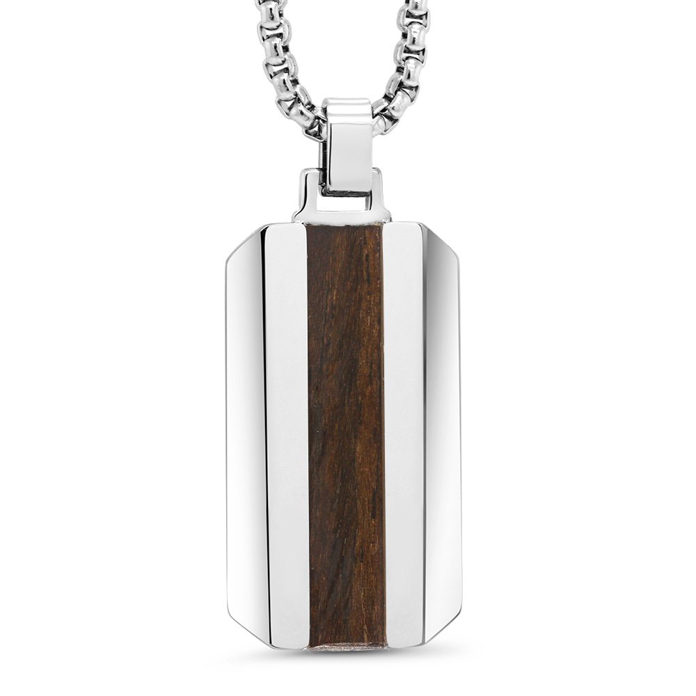 DOG TAG NECKLACE - Tungsten with Walnut Veneer Inlay on 3mm Stainless Steel Box Chain