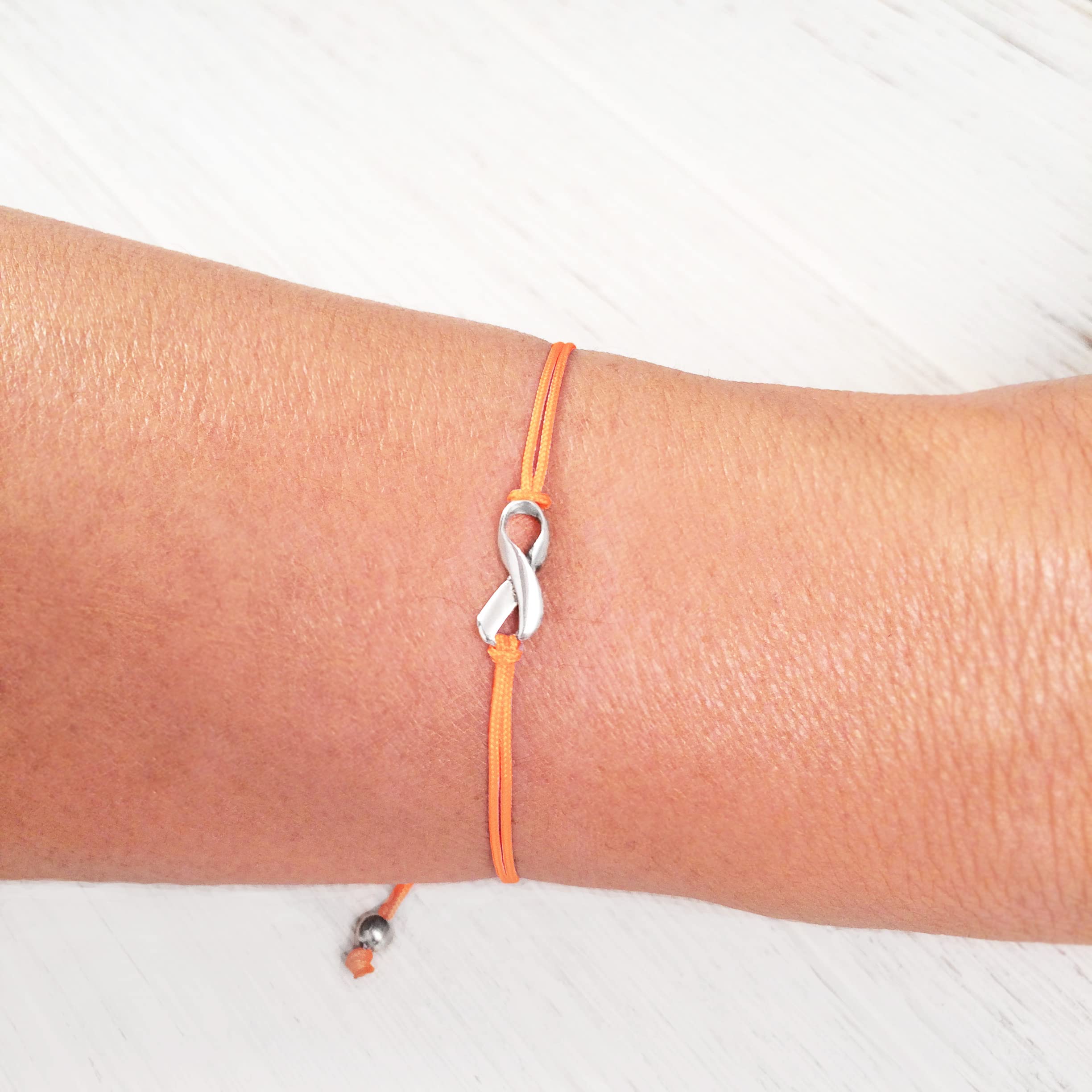 Orange, Small Sterling Silver 925 Ribbon Shaped Charm Bracelet, Support End Gun Violence Awareness, Friendship Support Bracelet, Adjustable Thread Cord, March for Our Lives Bracelet