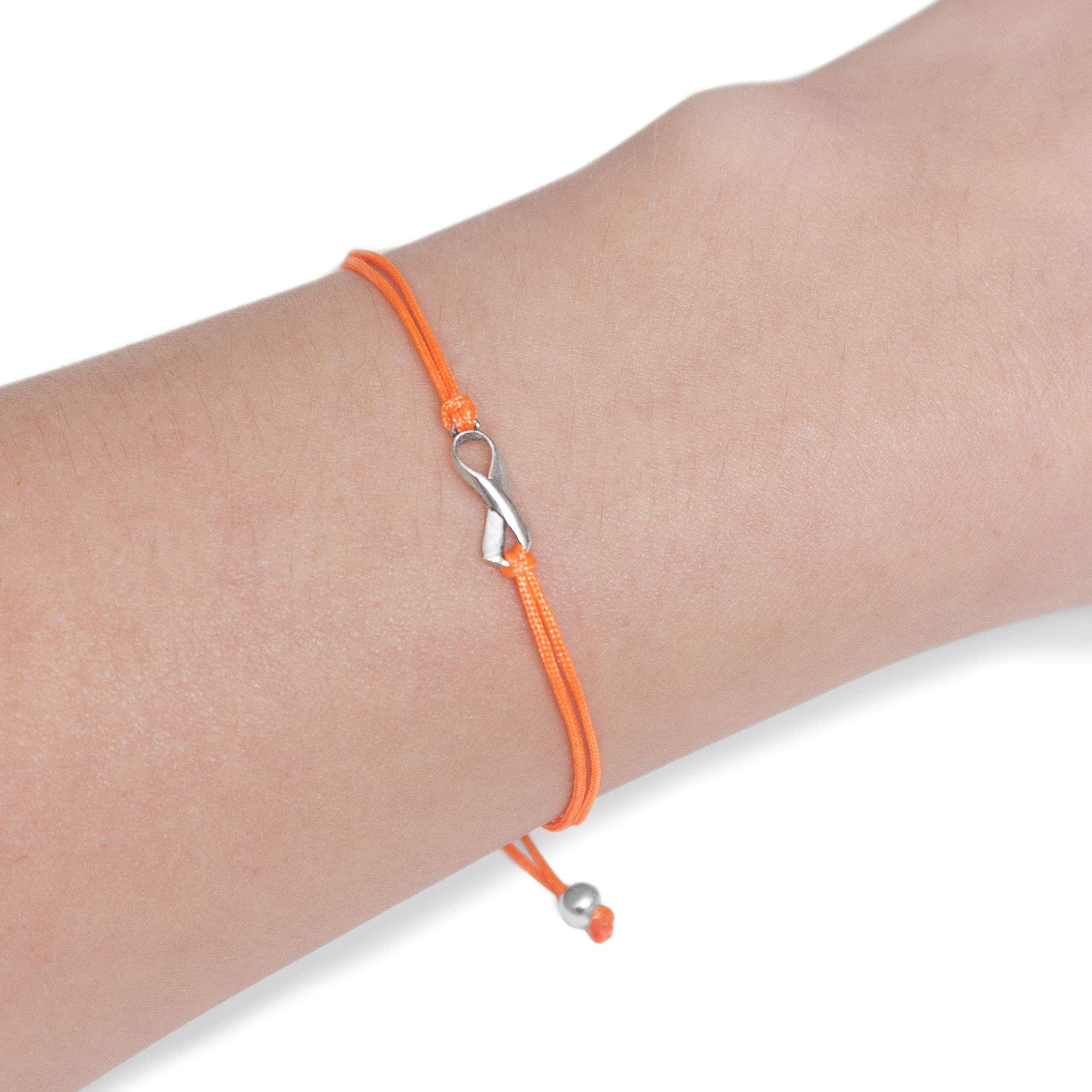 Orange, Small Sterling Silver 925 Ribbon Shaped Charm Bracelet, Support End Gun Violence Awareness, Friendship Support Bracelet, Adjustable Thread Cord, March for Our Lives Bracelet