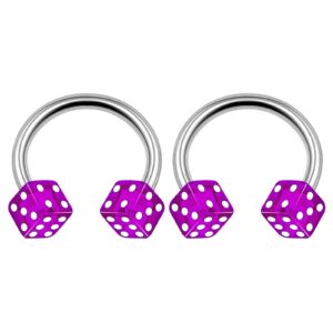 banavega 2pcs surgical steel purple horseshoe hoop 14 gauge 3/8 10mm 4mm dice acrylic helix rim earrings labret piercing jewelry 3206