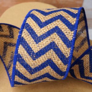 CT CRAFT LLC Natural Burlap Wired Ribbon for Home Decor, Gift Wrapping, DIY Crafts, 2.5” x 5 Yards x 1 Roll - Royal Blue Chevron