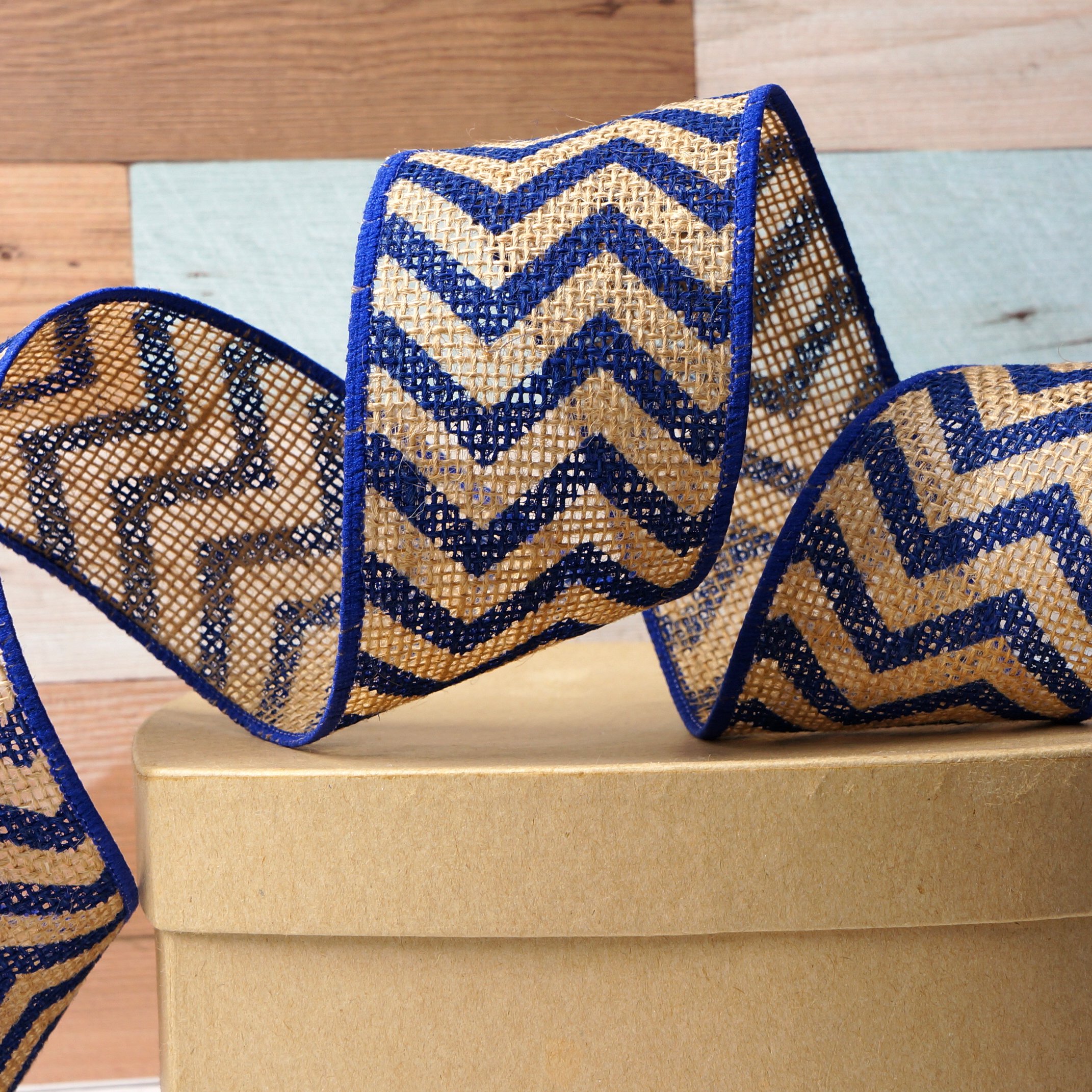 CT CRAFT LLC Natural Burlap Wired Ribbon for Home Decor, Gift Wrapping, DIY Crafts, 2.5” x 5 Yards x 1 Roll - Royal Blue Chevron