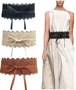 toptim women's belt bow tie wrap faux leather band corset 3-pack (black-coffee-beige)