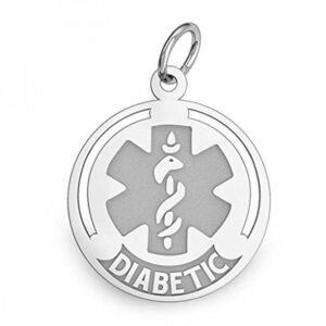 picturesongold.com sterling silver round diabetic medical id charm or pendant - 1/2 inch x 1/2 inch with engraving