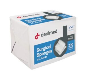 dealmed 4" x 4" surgical sponges, 8-ply, non-woven absorbent gauze sponges for wound care, first aid kits and medical facilities, 200 count (pack of 1)