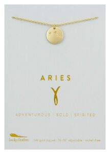 lucky feather aries zodiac sign constellation pendant necklace for women, 14k gold-dipped with adjustable 16” – 18” chain