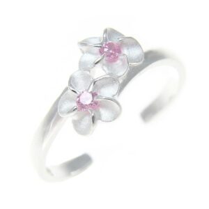 Arthur's Jewelry 925 sterling silver Hawaiian double plumeria flower pink cz open toe ring