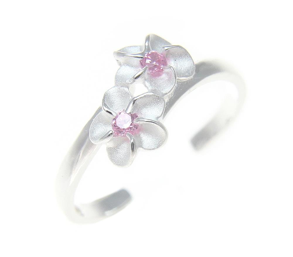 Arthur's Jewelry 925 sterling silver Hawaiian double plumeria flower pink cz open toe ring