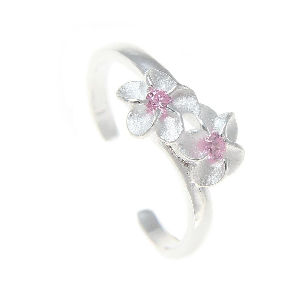 Arthur's Jewelry 925 sterling silver Hawaiian double plumeria flower pink cz open toe ring