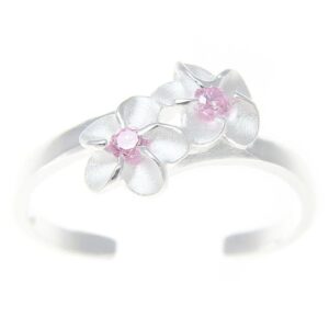 Arthur's Jewelry 925 sterling silver Hawaiian double plumeria flower pink cz open toe ring