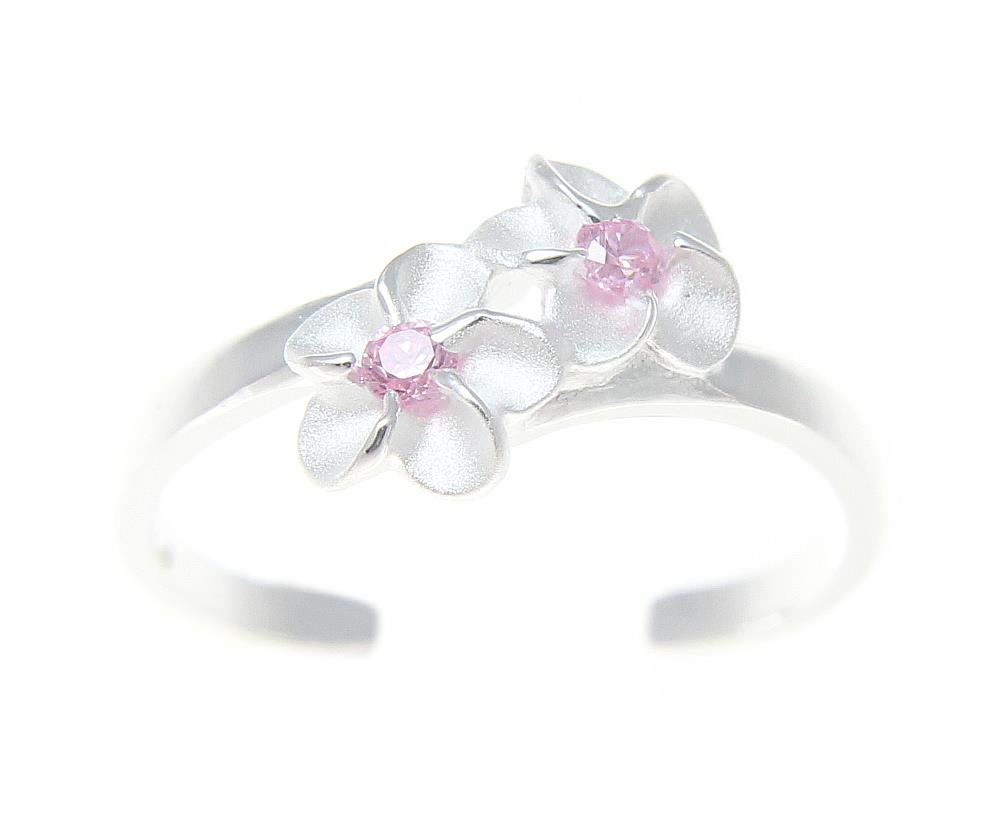 Arthur's Jewelry 925 sterling silver Hawaiian double plumeria flower pink cz open toe ring