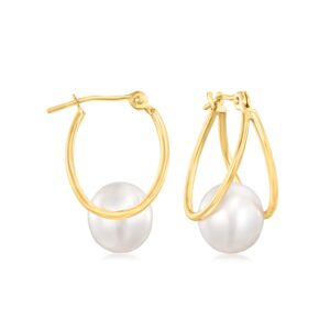 ross-simons 8-9mm cultured pearl double-hoop earrings in 14kt yellow gold. 3/4