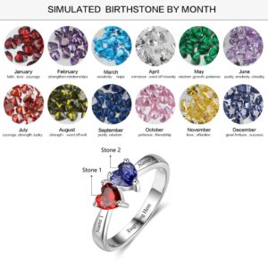 Love Jewelry Personalized Mothers Ring, Custom 2 Heart Simulated Birthstones Ring Engraved Names Engagement Rings Promise Rings for Women (7)