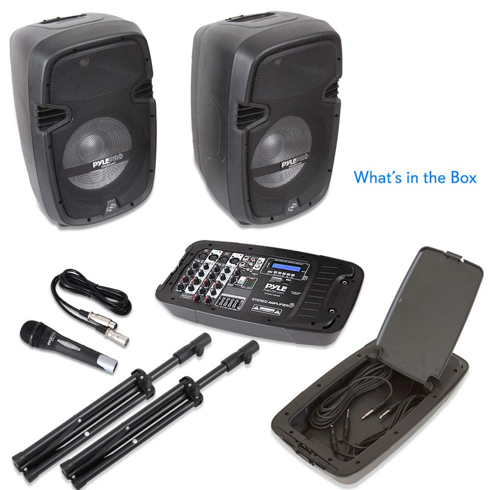 Pyle PA Speaker DJ Mixer Bundle - Portable Wireless Bluetooth Sound System w/ USB SD XLR 1/4" RCA Inputs, LED Lights - Dual Speaker, Mixer, Microphone, Stand, Cable - Home/Outdoor PPHP210AMX,Black