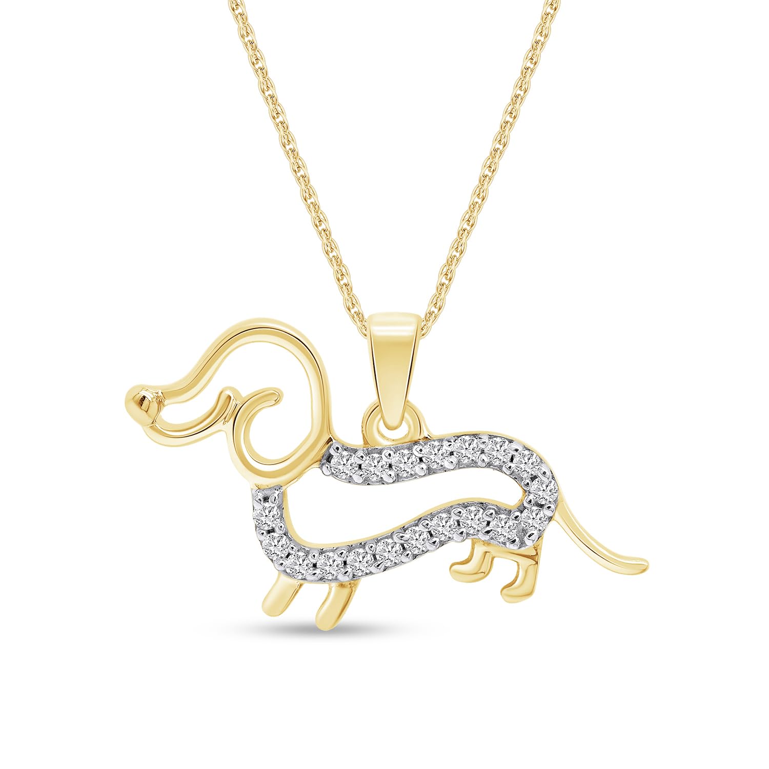 Round Cut White Cubic Zirconia Dachshund Dog Heart Pendant Necklace Jewelry For Women in 14k Yellow Gold Over Sterling Silver Along With 18" Chain